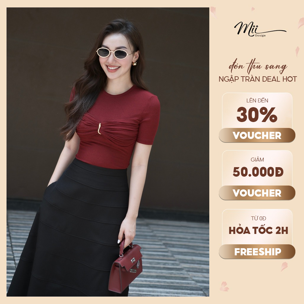 Áo Thun Mii Design Ngắn Tay Nhún Ngực Khuyên Vàng Thiết Kế Thanh Lịch Hàn Quốc MD42 | Shopee ...