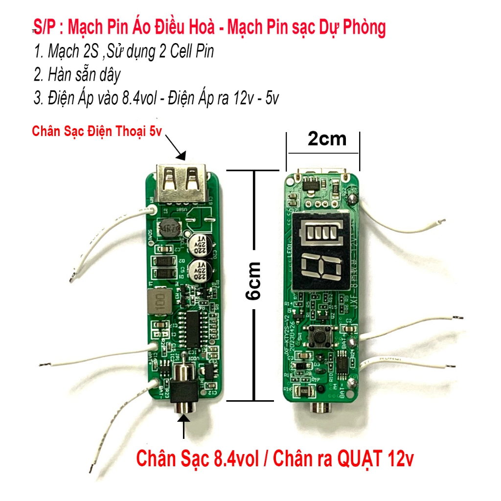 Mạch 2s (2 cell pin) pin áo điều hoà sạc sự phòng, IN 8.4V, OUT 5V-12V ...