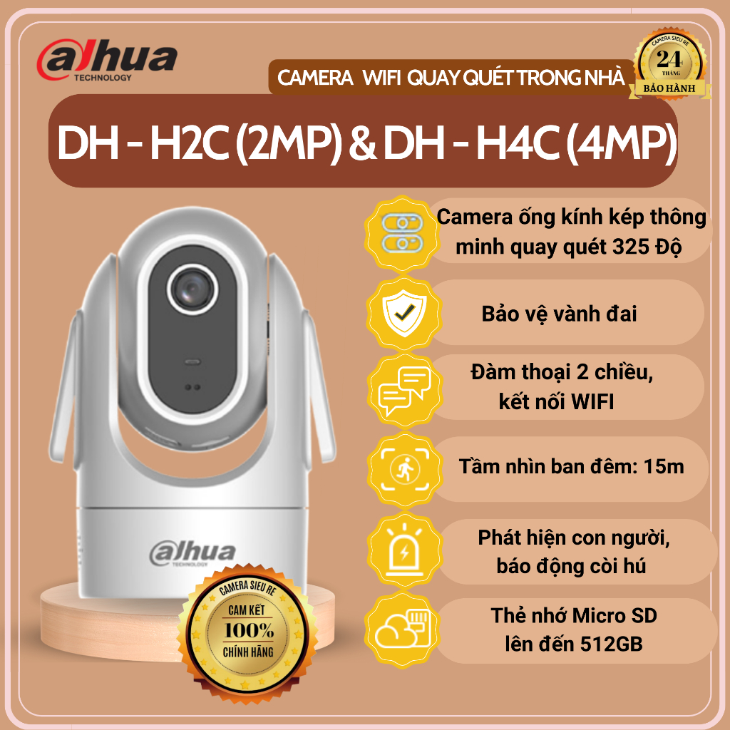 Camera Wifi dahua HERO C1 H4C 4MP, H2C 2MP, Xoay 360 Độ, Vẽ Khu Vực Cấm, Phát Hiện Xâm Nhâp ...