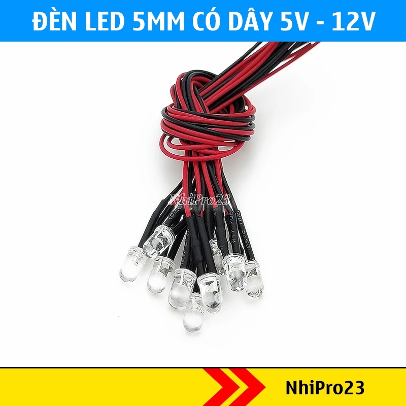 Set 5 Bóng đèn led 5v - 12v có dây dài 20cm 3mm/5mm nhiều màu chất ...