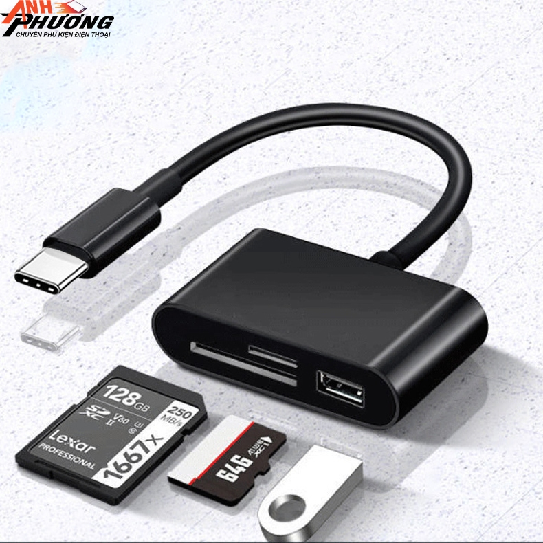 Bộ chuyển đổi 3 trong 1 Type-C sang USB2.0 + SD + TF cho thiết bị Type-C Đầu đọc thẻ nhớ OTG cho ...