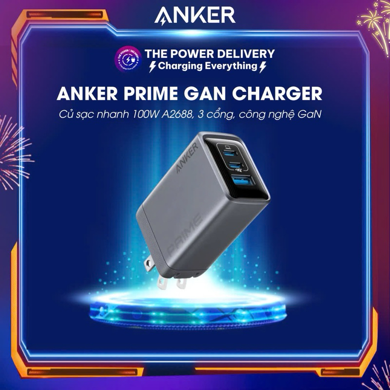 Củ sạc nhanh Anker Prime 100W A2688, 3 cổng, công nghệ GaN, nhỏ gọn, hỗ trợ PD/PPS 2.0 sạc nhanh ...