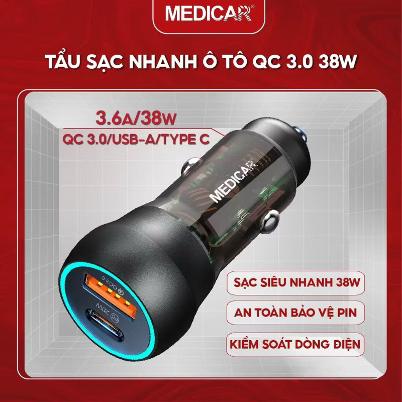 Tẩu sạc nhanh trên xe ô tô QC 3.0 38W MEDICAR | Shopee Việt Nam