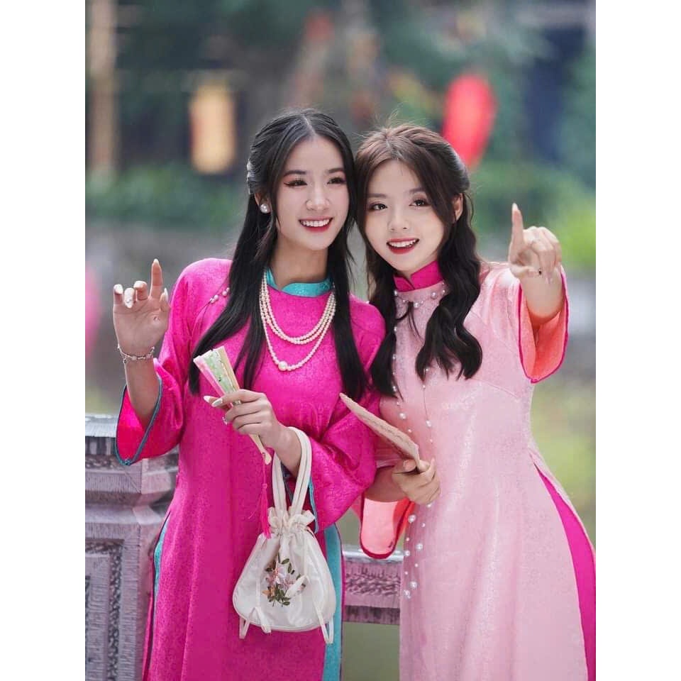 Áo dài cách tân dáng suông cổ cao phối màu - Áo cách tân gấm hồng nhạt ...