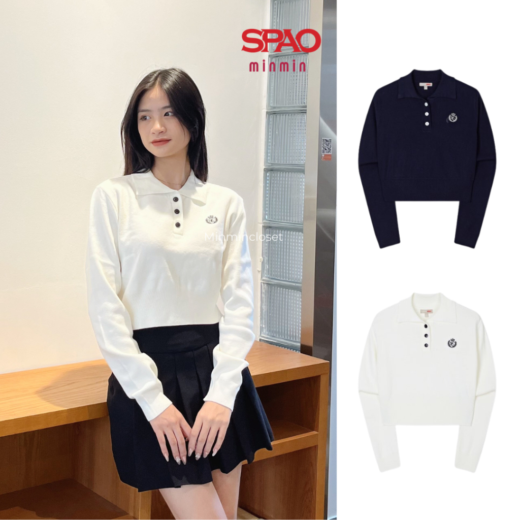 [AUTHENTIC 100%] Spao Korea áo len dài tay phối cổ đức thêu ngực form nữ tôn dáng chính hãng ...