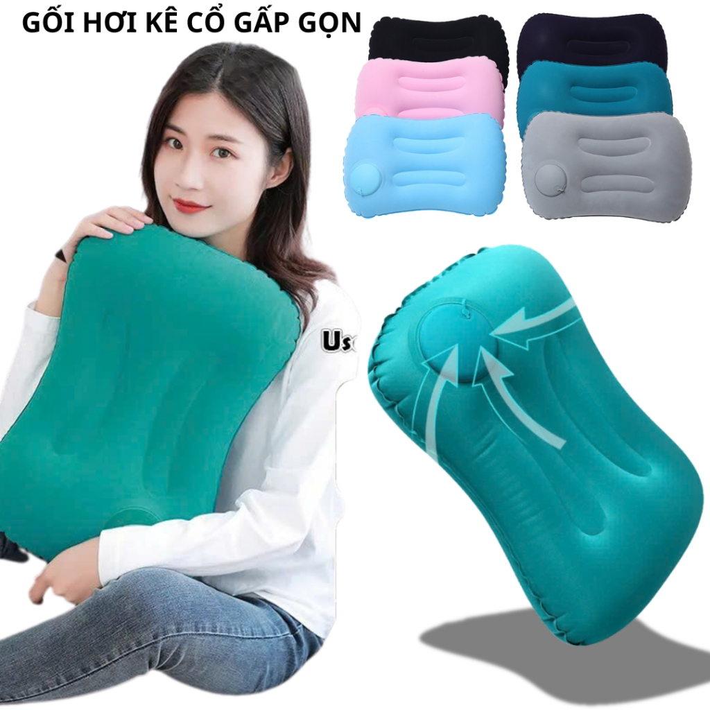 Gối hơi kê cổ gấp gọn tự bơm tiện lợi khi đi máy bay, ô tô, cắm trại ...