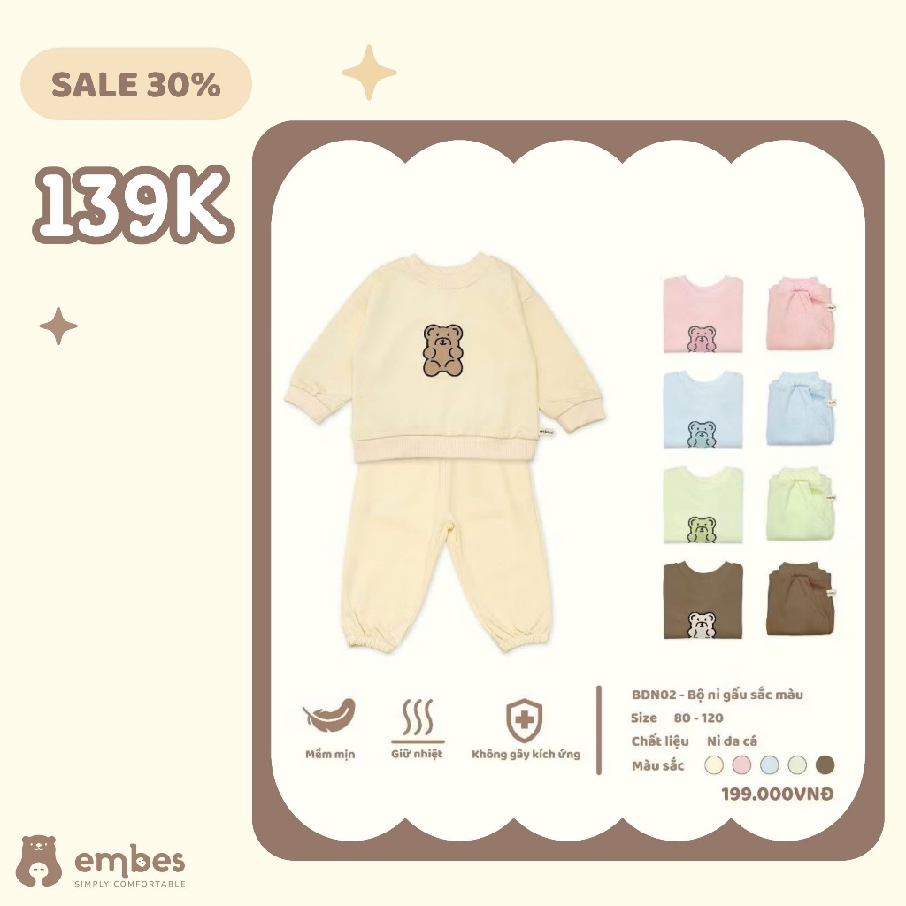 Bộ nỉ dài tay cho bé trai bé gái Embes Việt Nam từ 9-19kg | Shopee Việt Nam