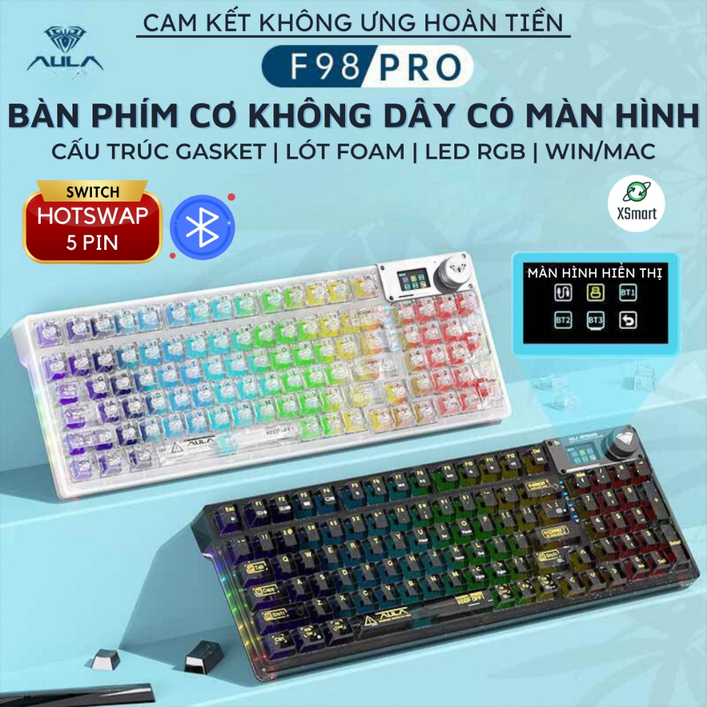 Bàn Phím Cơ Không Dây AULA F98 PRO Có Màn Hình, LED RGB Phím Tromg Suốt Hotswap 5 Pin, Có Núm ...