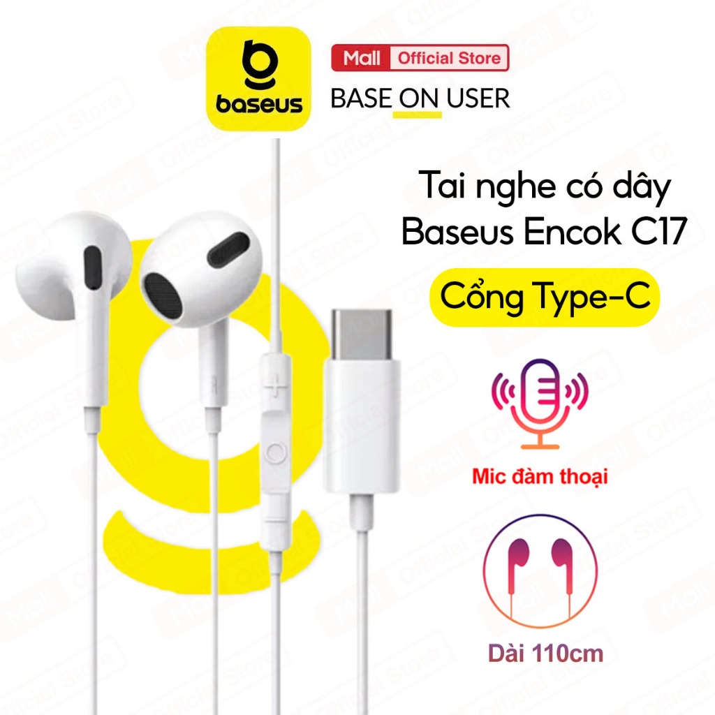 Tai nghe có dây Baseus Encok C17 chân cắm Type-C ,tích hợp Micro dài 110cm dùng cho Android/IP15 ...