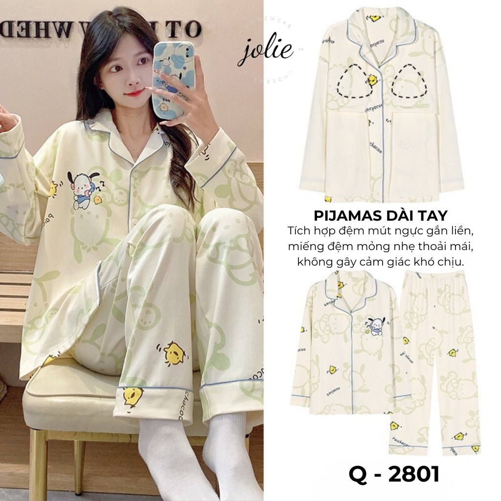 (HÀNG MỚI VỀ) Bộ Mặc Nhà Cotton Có Cổ Cài Khuy Dài Tay Có Miếng Đệm Lót Ngực Dày Dặn, Chất Liệu ...