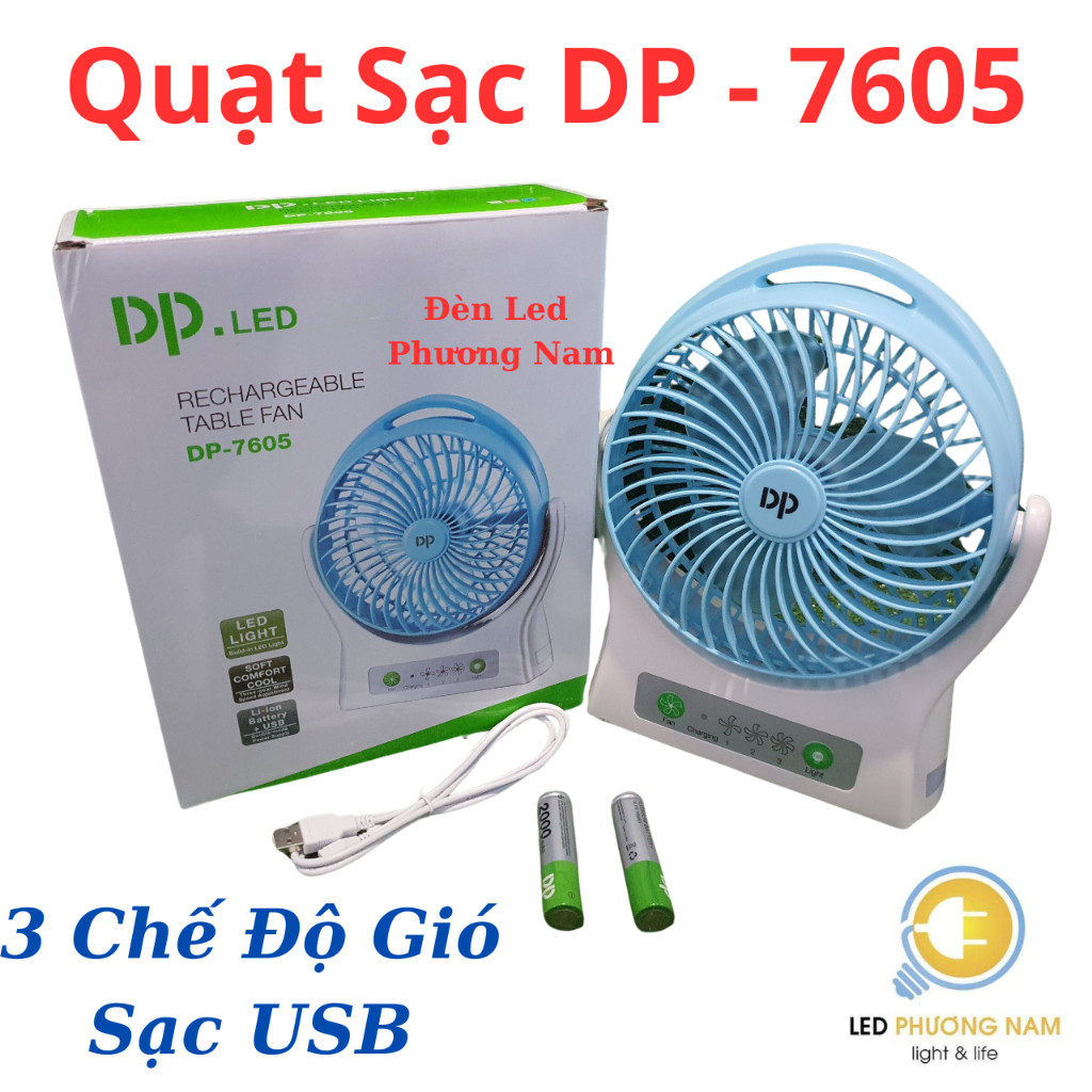 QUẠT SẠC ĐIỆN SIÊU MÁT DP 7605 KÈM ĐÈN LED, Sạc Cổng USB 5V - 3 Chế Độ Điều Chỉnh Gió Vô Cấp ...