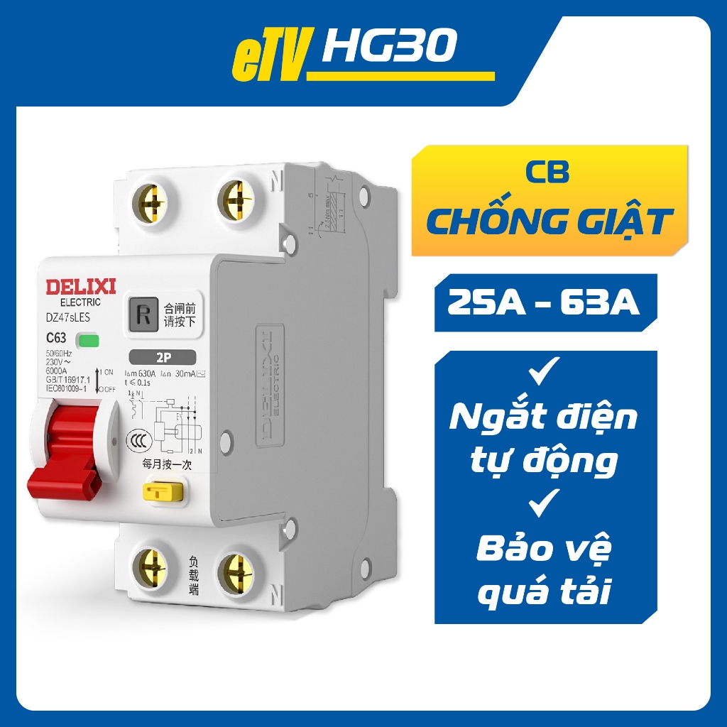CB chống giật Delixi RCBO 25A 32A 40A 63A - Cầu dao chống giật, bảo vệ ...