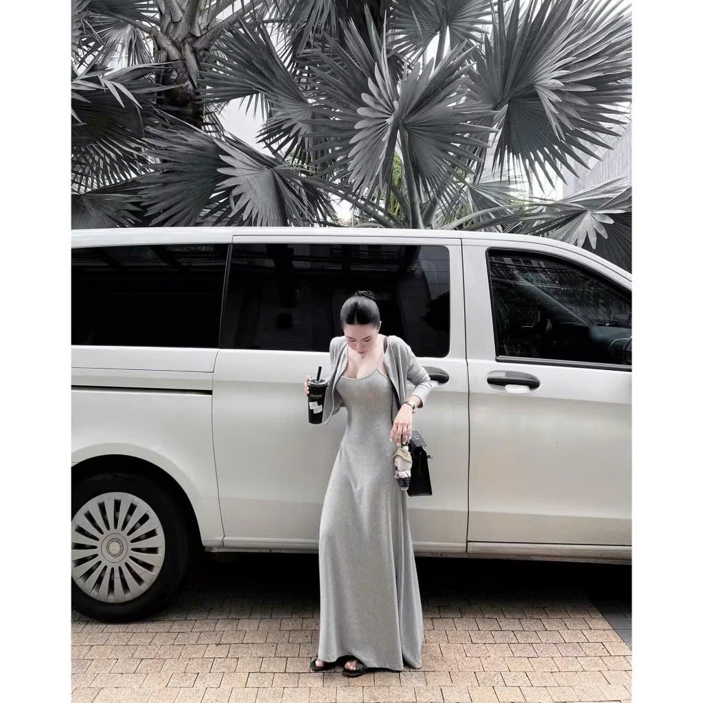 P057 - Đầm váy maxi hai dây dáng dài chất thun đẹp kèm áo khoác ngoài dài tay | Shopee Việt Nam