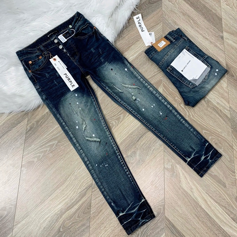 Quần jean bò nam Purple wash loang đậm đùi rách tua vảy sơn màu đính 4 ...