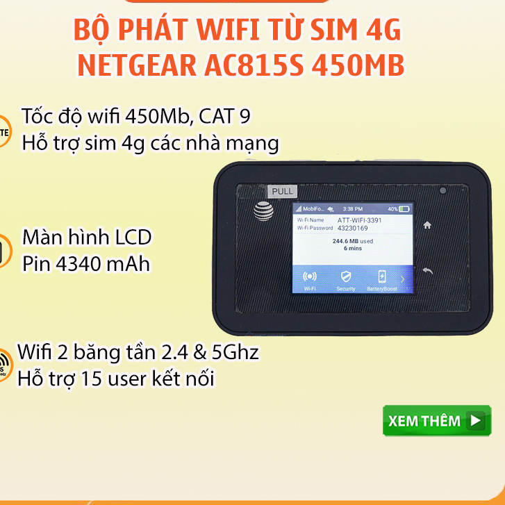 Bộ Phát Wifi 4G Netgear 815S Chuẩn Cat9 Tốc Độ 450Mbps 2 băng tần, màn ...
