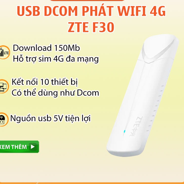 USB DCOM 4G LTE Phát Wifi Zte F30 Wifi Di Động Hotspot 150Mbps Dùng Đa ...