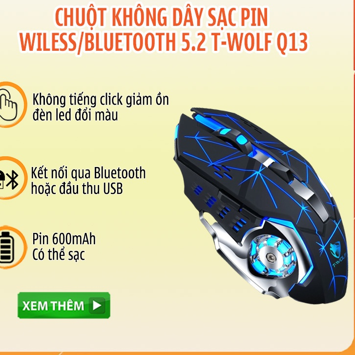 Chuột Không Dây Pin Sạc, Chuột Gaming T-WOLF Q13 Silent 6 Nút ...