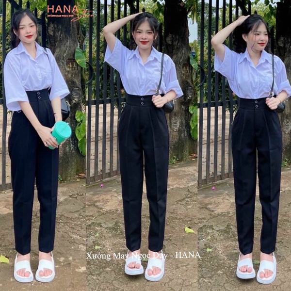 Quần tây nữ đi học 2 nút khuy cúc dọc cài lưng cao dáng quần baggy vải nữ học sinh cấp 3 dày co ...