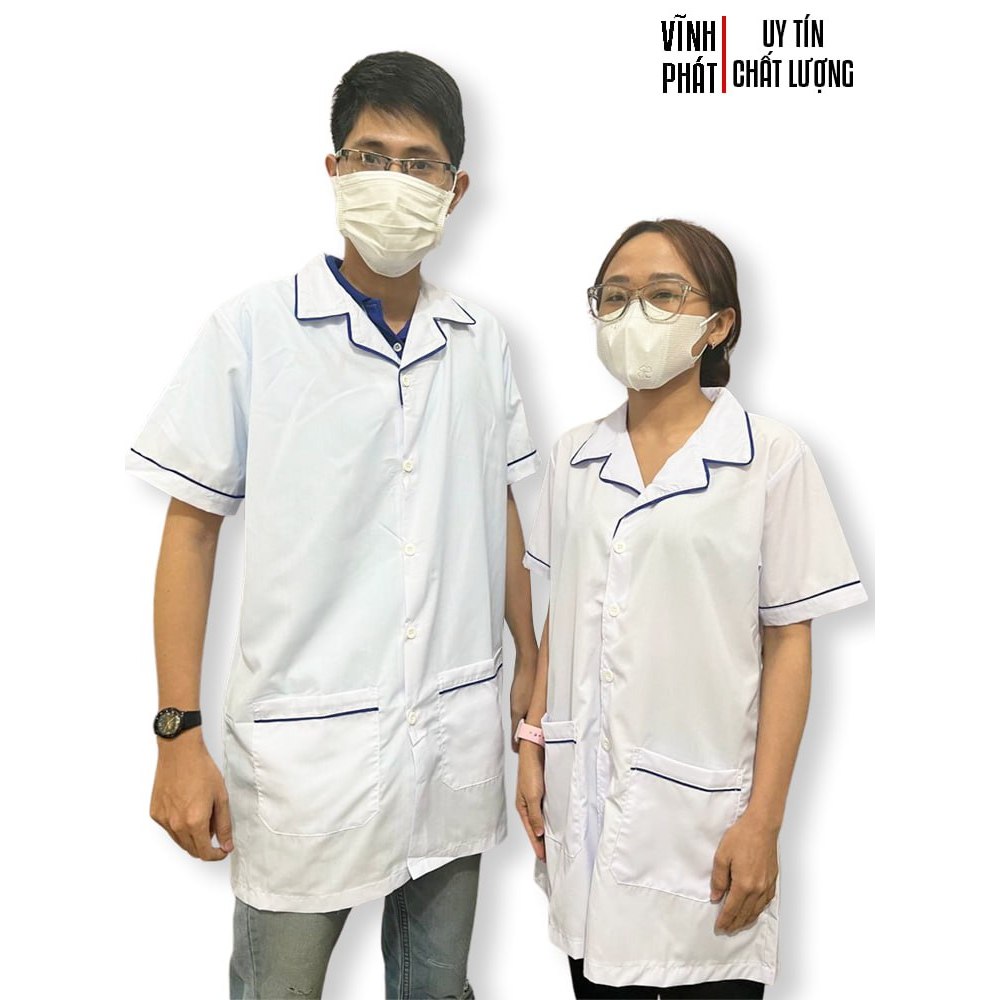 Áo Blouse Trắng Viền Lé Xanh Ngắn Tay Nam Nữ Cho Dược Sỹ, Y Tá, Nhà ...