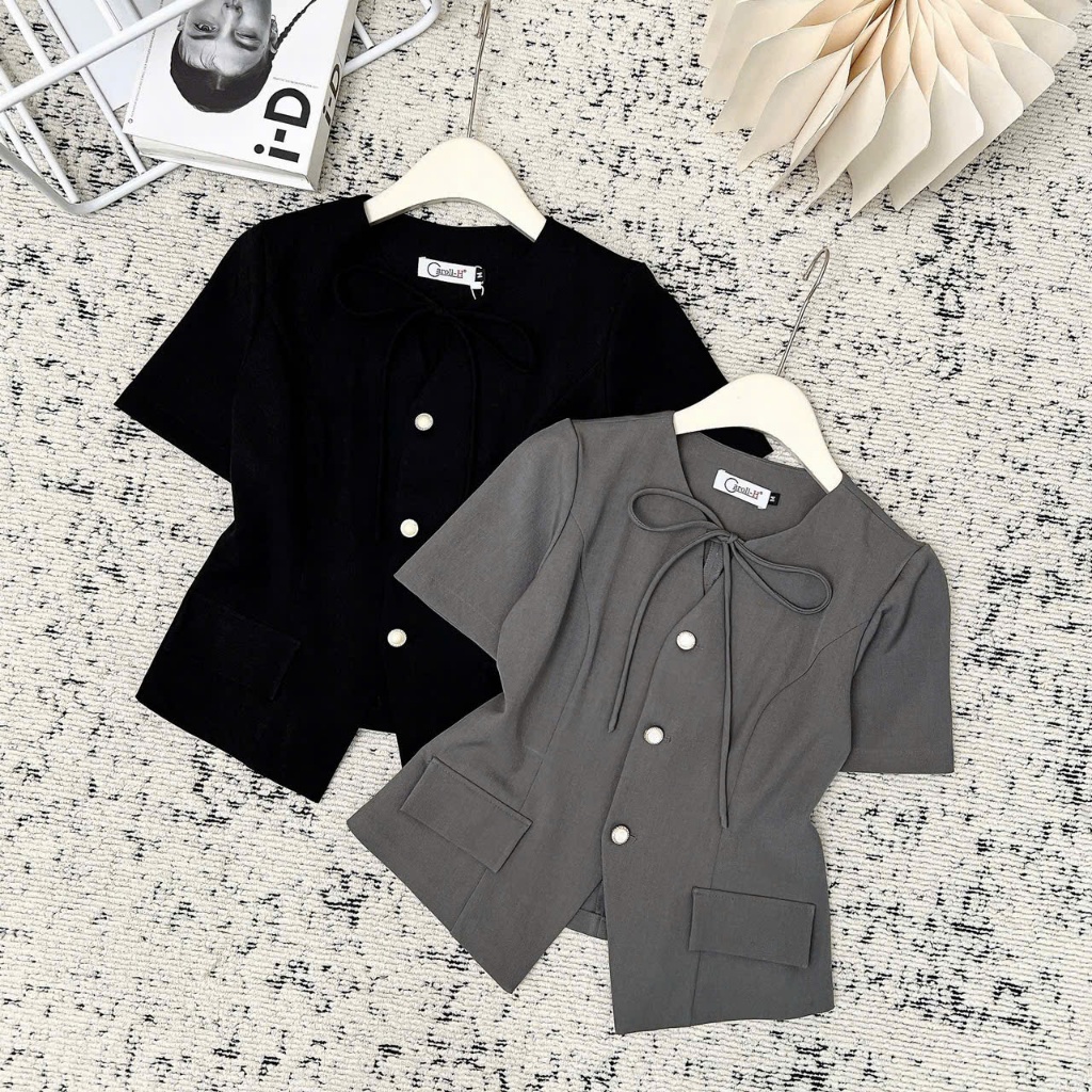 Áo sơ mi nữ CÚC SHOP áo cổ V kèm dây ngắn tay nắp túi A402 | Shopee Việt Nam