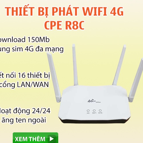 Thiết Bị Phát Wifi Từ Sim 4G, Bộ Phát Wifi 4G CPE HICO R8 300Mb/s Có 4 Ăng Ten, Kết nối 32 Thiết ...