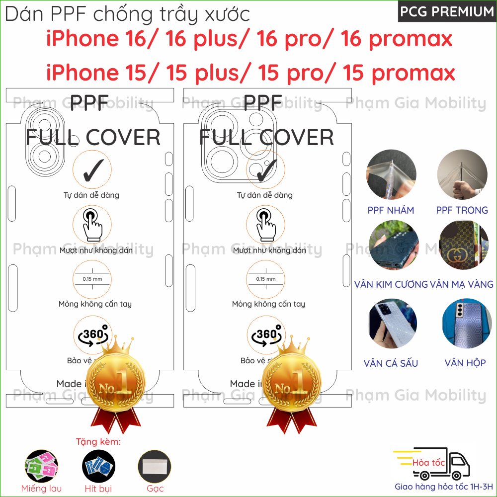 Dán PPF mặt lưng full viền iPhone 16/ 16 Plus (16+)/ 16 Pro/ 16 Promax ...
