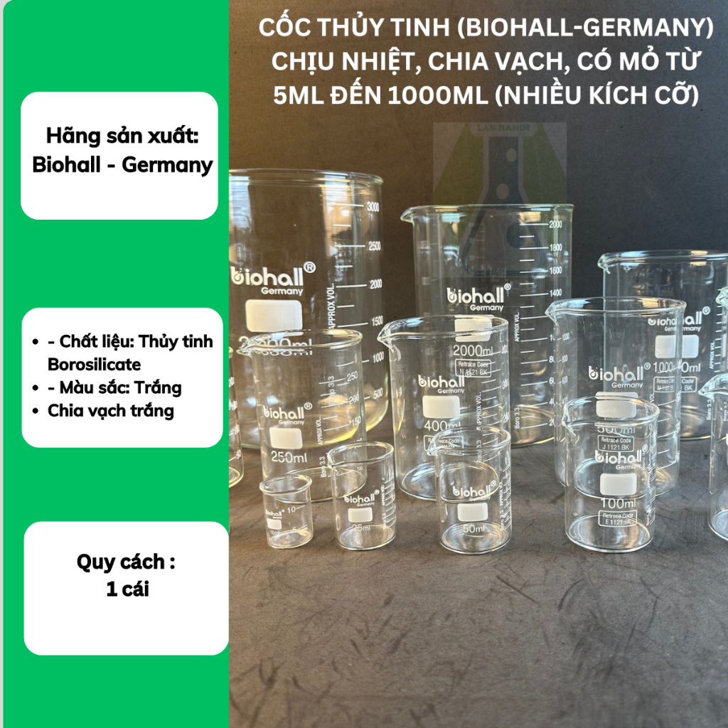 Cốc Thủy Tinh (BIOHALL-GERMANY) Chịu Nhiệt, Chia Vạch, Có Mỏ Từ 5ml đến 1000ml (Nhiều kích cỡ ...