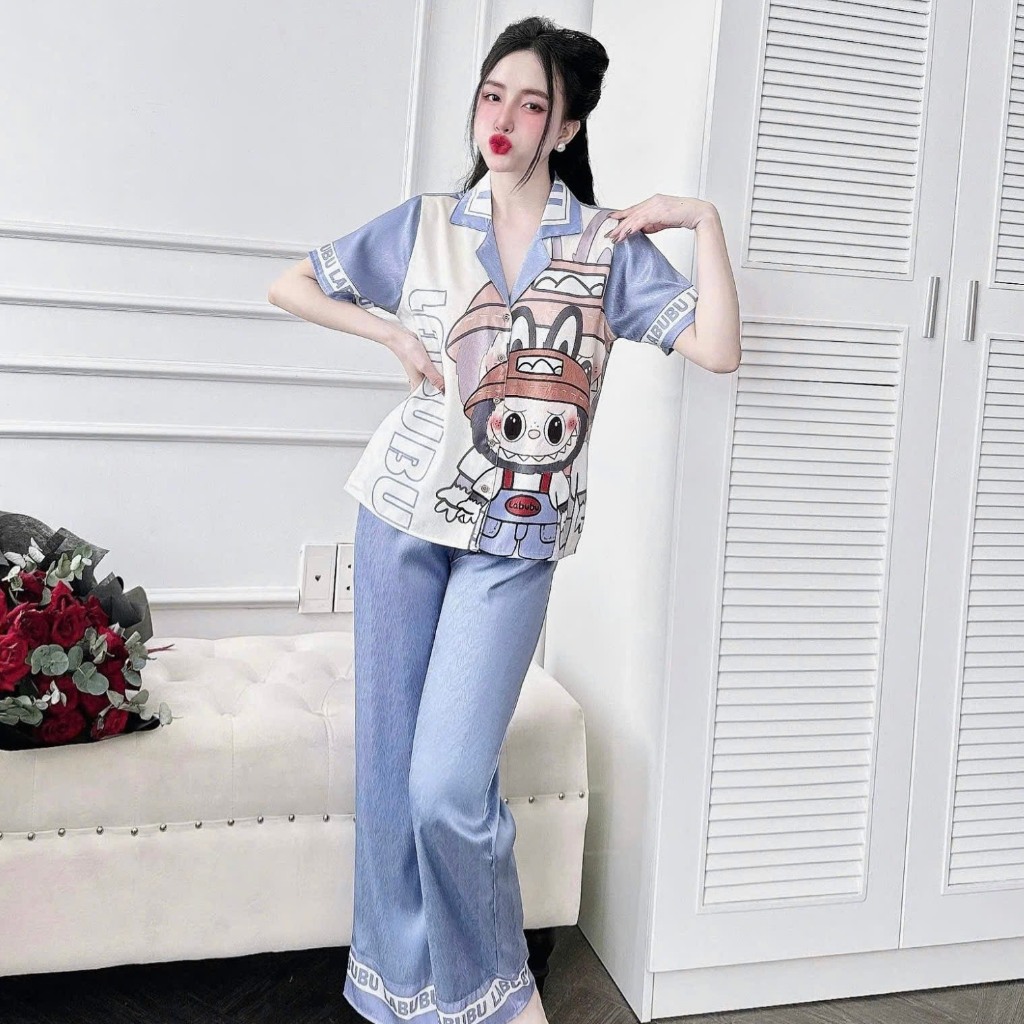 Bộ đồ ngủ nữ pijama labubu, đồ mặc nhà lụa xước cộc dài dễ thương ...