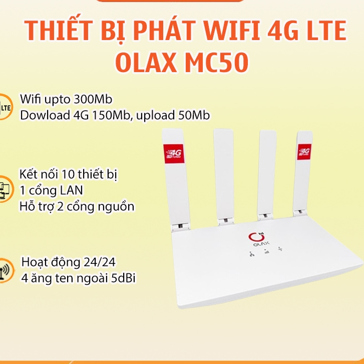 Thiết bị Wifi từ sim 4g OLAX MC50 4G LTE Turbo, 4 Ăng Ten Ngoài , Kết Nối 10 Thiết Bị, chân cắm ...