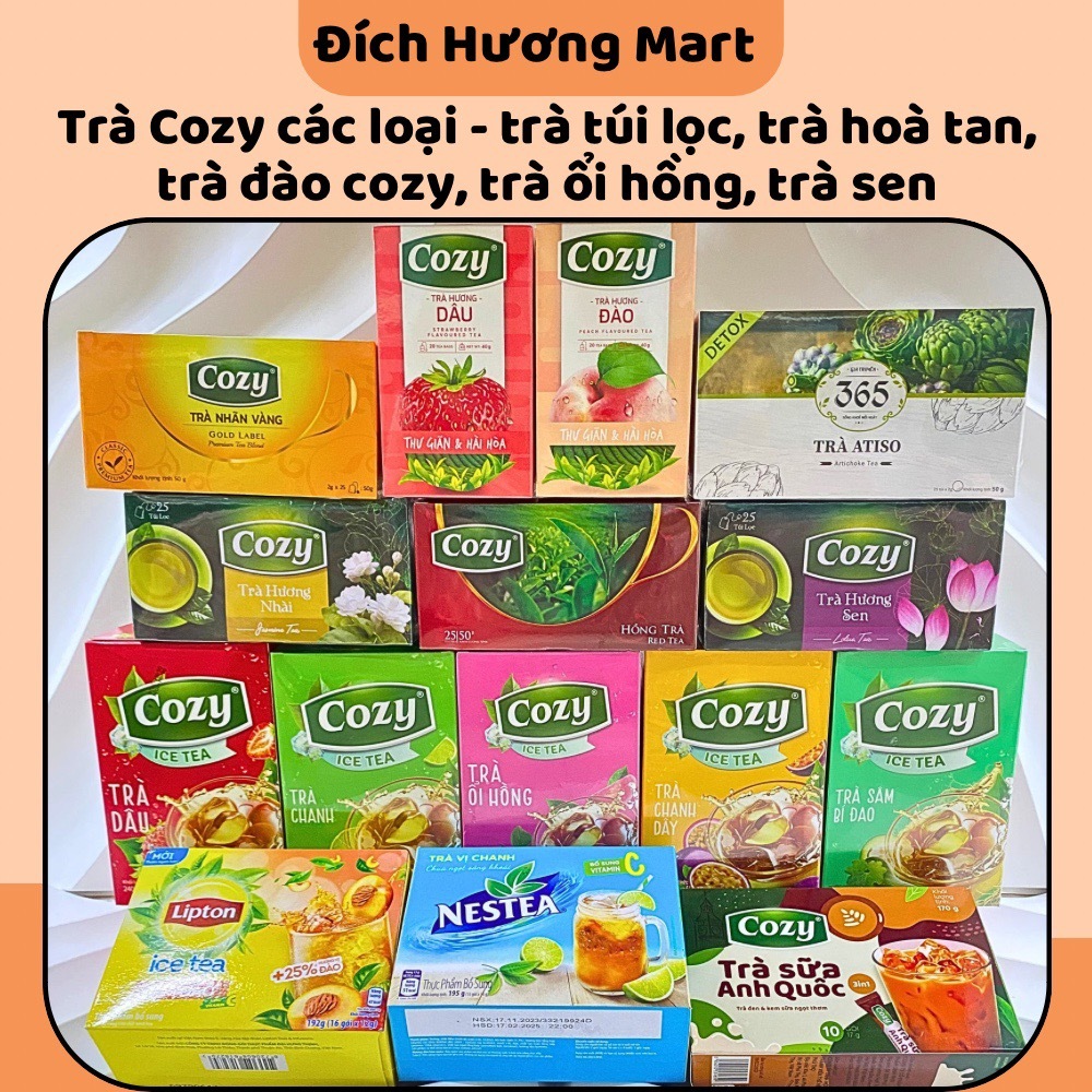Trà Cozy các loại - trà túi lọc, trà hoà tan, trà đào cozy, trà ổi hồng ...