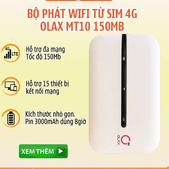 Bộ Phát Wifi Từ Sim 4G Olax MT10 - Dung Lượng Pin 3000mAh, Tốc Độ Cao 150Mbps, Kết Nối 10 Thiết ...