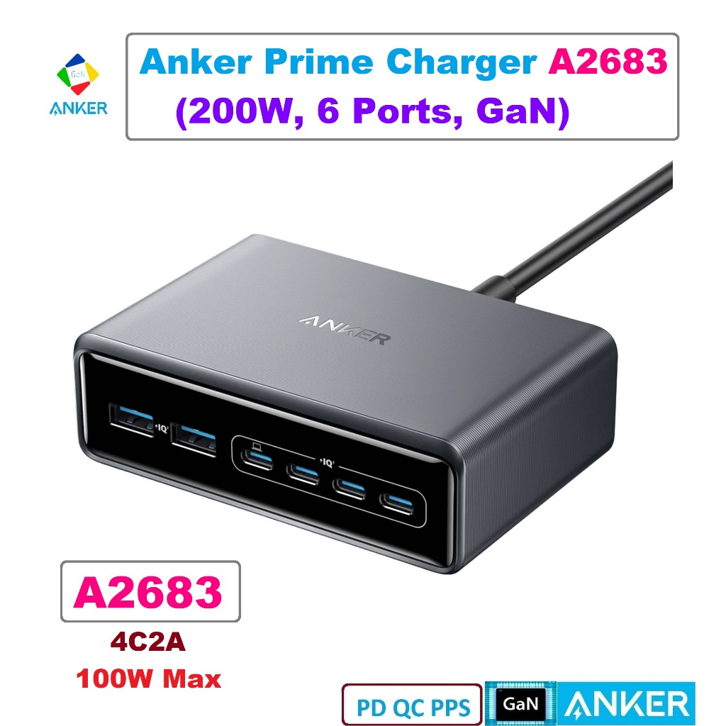 Trạm sạc Anker Prime Charger A2683 200W 6 Cổng 4C2A | Hỗ trợ Max Công ...