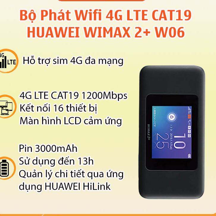 Bộ Phát Wifi 4G LTE CAT19 HUAWEI WIMAX 2+ W06 - Tốc Độ 1200Mbps - Màn Hình Cảm Ứng Hỗ trợ 16 ...