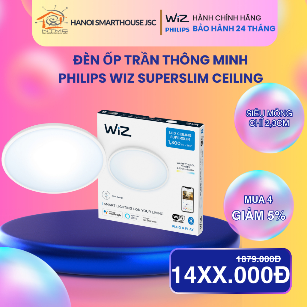 Đèn ốp trần thông minh Philips WiZ Superslim Ceiling siêu mỏng 16W - Ánh sáng vàng trắng 2700 ...