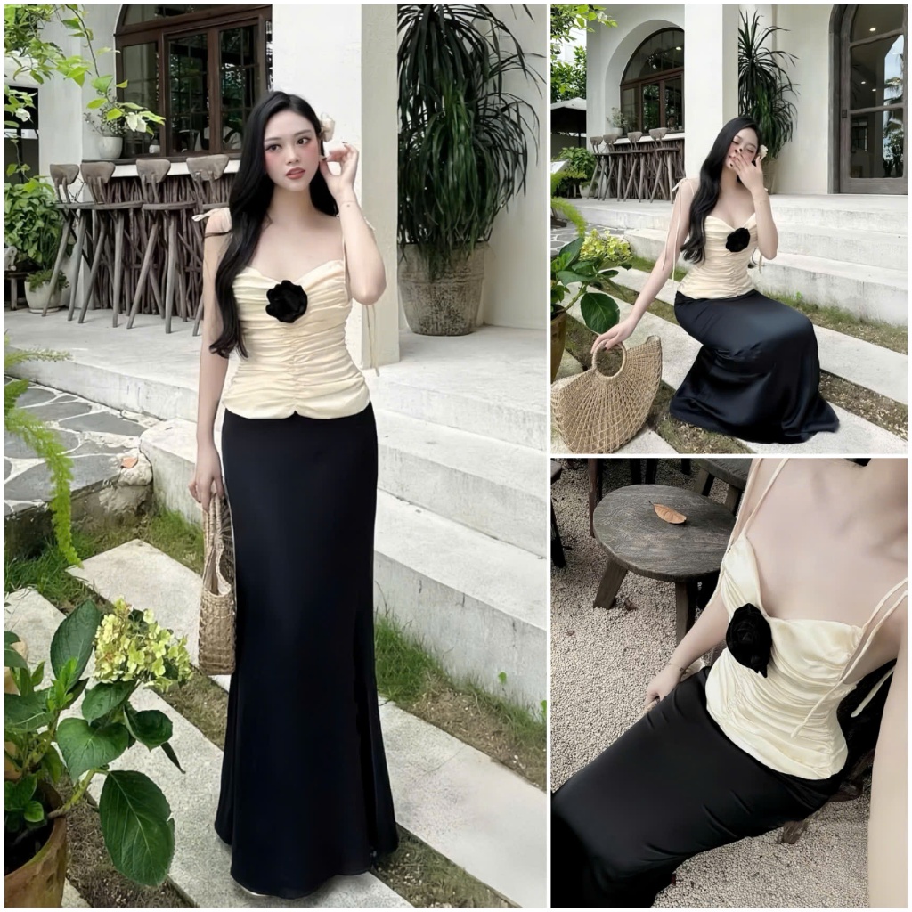 Set áo 2 dây A36 (có đệm mút, kèm tag hoa) mix chân váy lụa đuôi cá tôn dáng sang trong nàng thơ ...