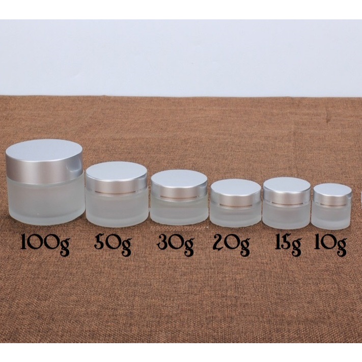 Bộ 10 Hũ thủy tinh 5g/ 10g/ 15g/ 20g / 30g / 50g / 100g thân mờ nắp bạc trắng - Hủ chiết kem, mỹ ...