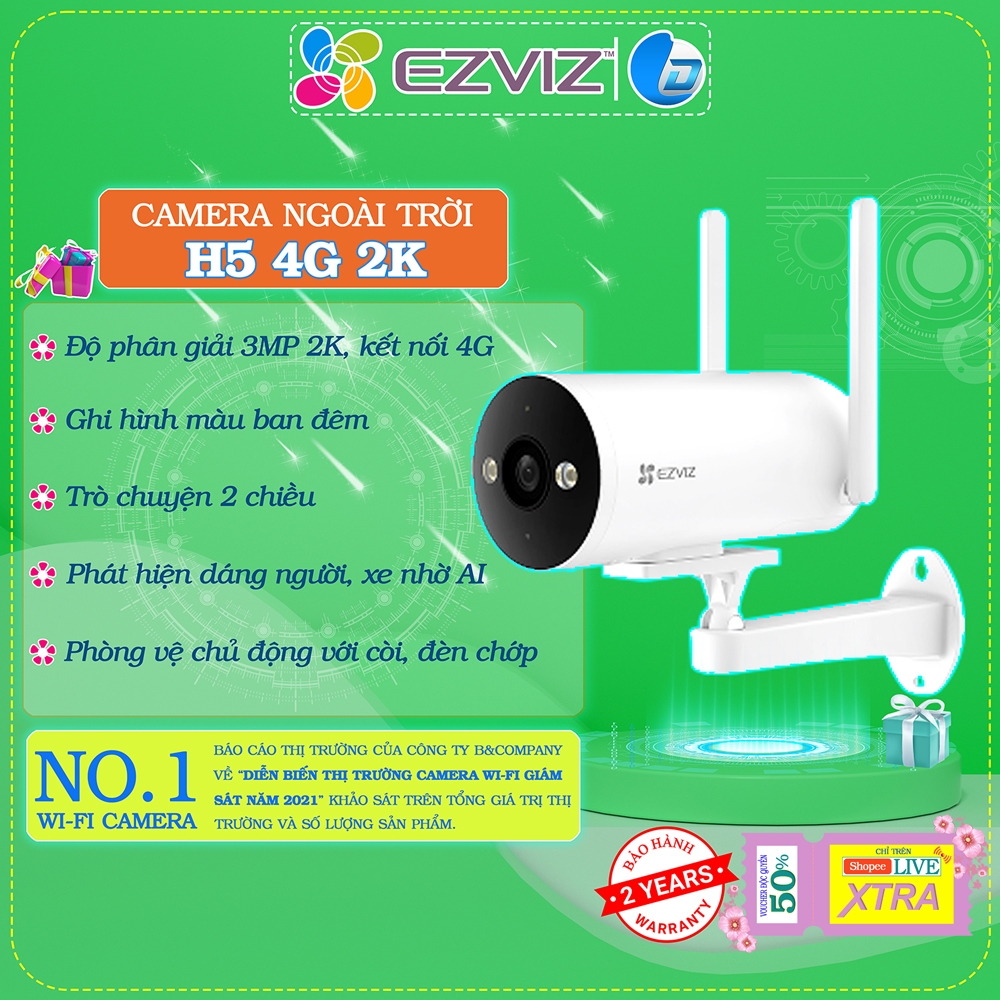 Camera dùng sim Ezviz H5 4G 3MP 2K chính hãng, màu ban đêm, báo động ...