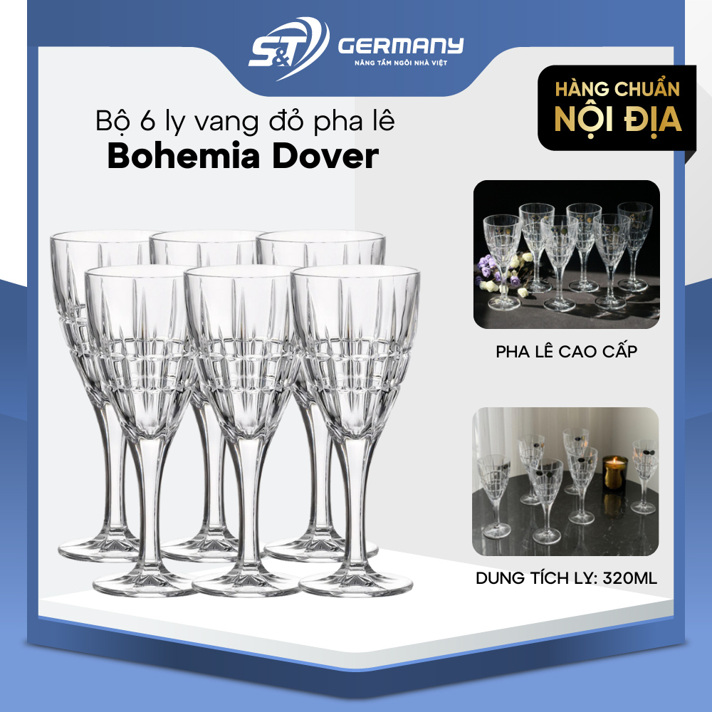 Ly rượu vang pha lê Bohemia Dover nội địa Séc bộ ly uống rượu vang đỏ dung tích 320ml 6 ly sang ...