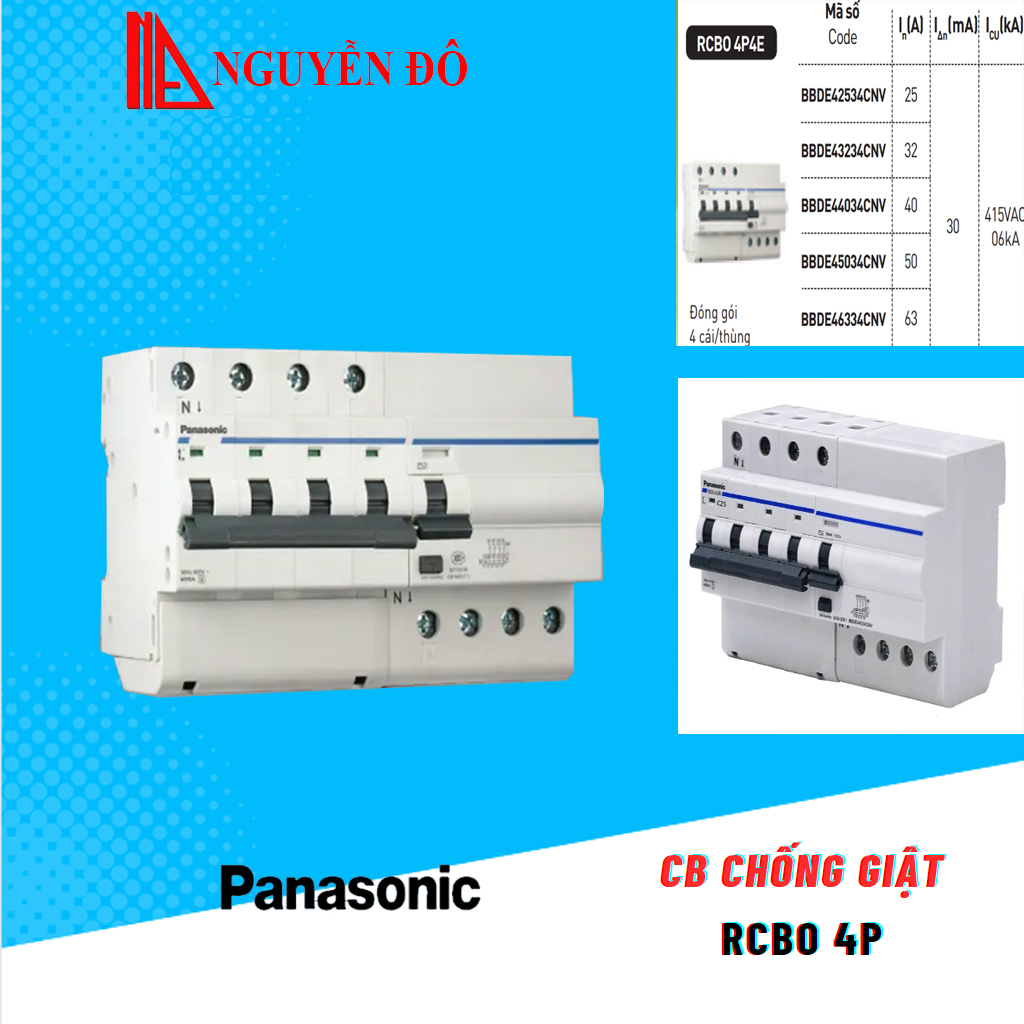 CB chống giật, aptomat chống giật Panasonic RCBO 4P dòng diện định mức 25A/32A/40A/50A/63A và ...