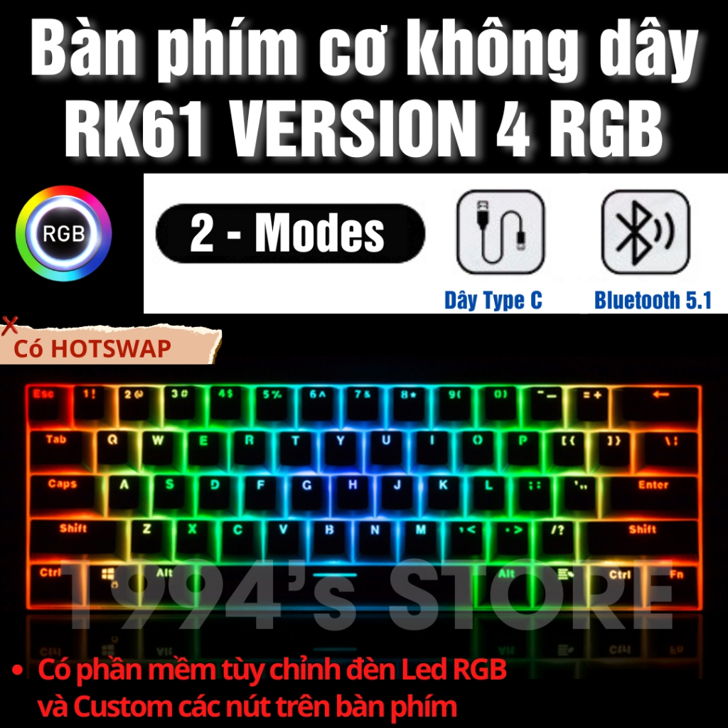 RK61 HOTSWAP - Bàn Phím Cơ Không Dây RK61 Version 4 - LED RGB Custom - Bluetooth 5.1 - Cáp Type ...