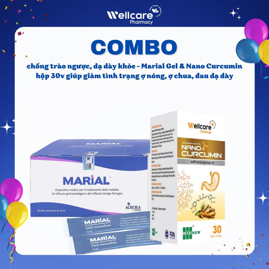 Combo chống trào ngược, dạ dày khỏe - Marial Gel & Nano Curcumin hộp 30v giúp giảm tình trạng ợ ...
