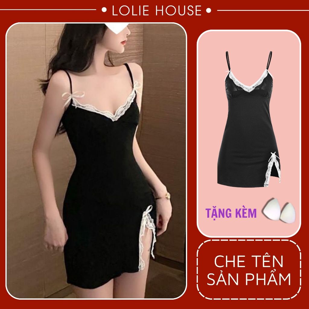 Váy ngủ body trơn màu phối viền ren xẻ đùi sexy có kèm mút ngực LOLIE HOUSE - VN5 | Shopee Việt Nam