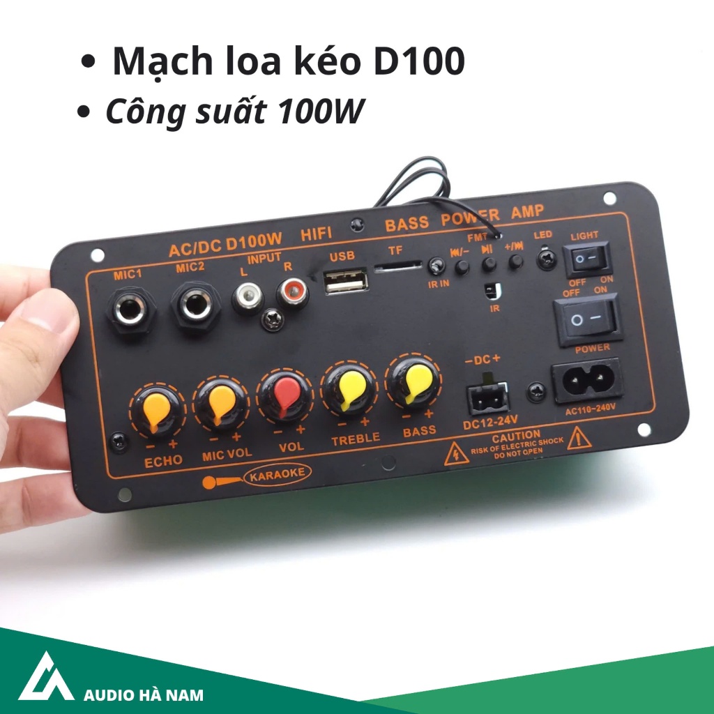 Mạch loa D100 hát Karaoke Bluetooth 5.0 - 100W, có cổng cắm mạch mic không dây, 12V/24V/220V ...