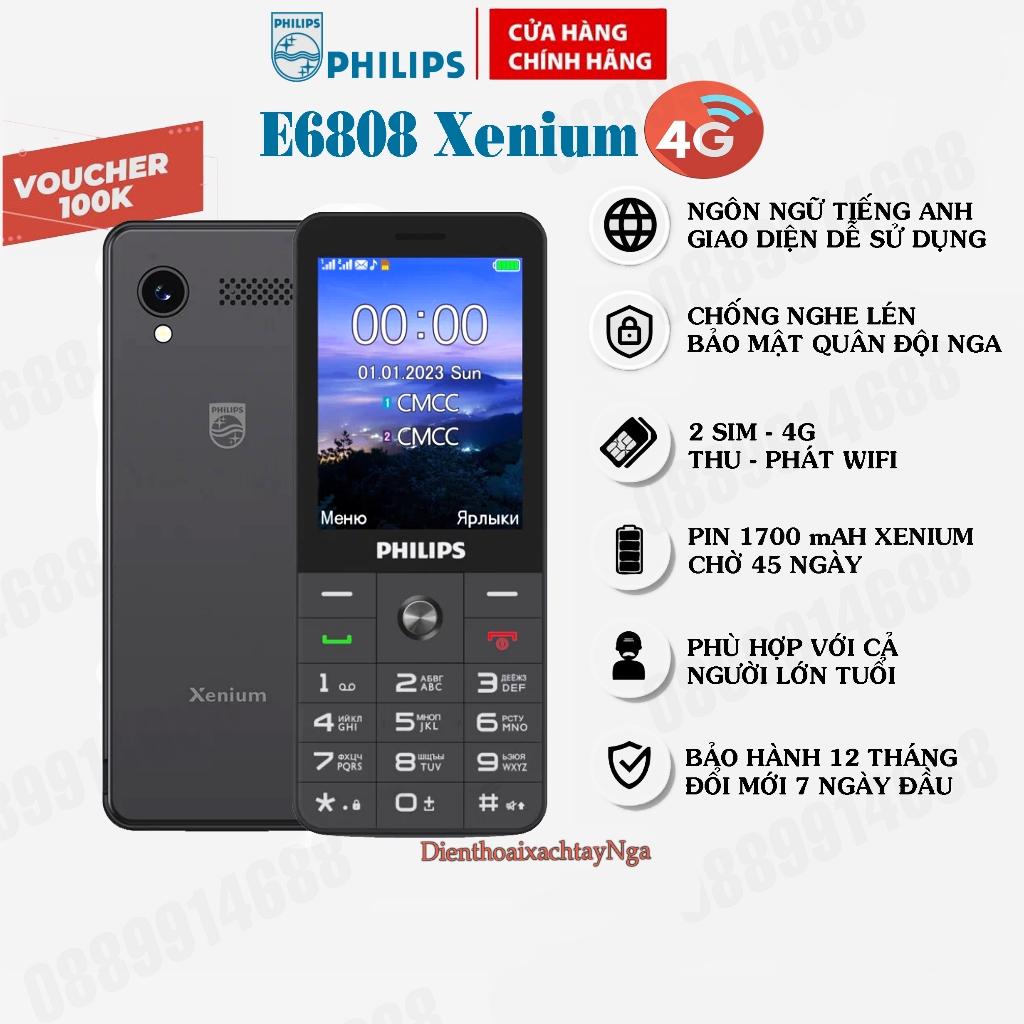 Điện thoại Philips Xenium E6808 4G, Thu Phát WIFI, 2Sim-Chống nghe lén, Pin 45ngày, , chính hãng ...
