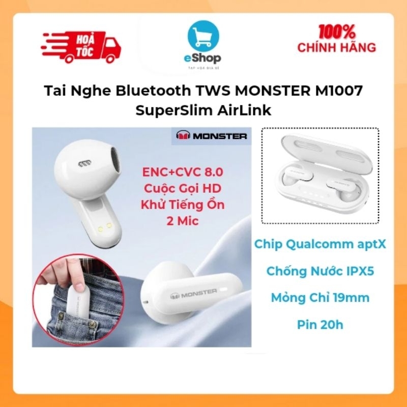 Tai Nghe TWS Monster M1007 SuperSlim AirLink - Chip Qualcomm aptX, ENC+CVC 8.0, Chống Nước IPX5 ...