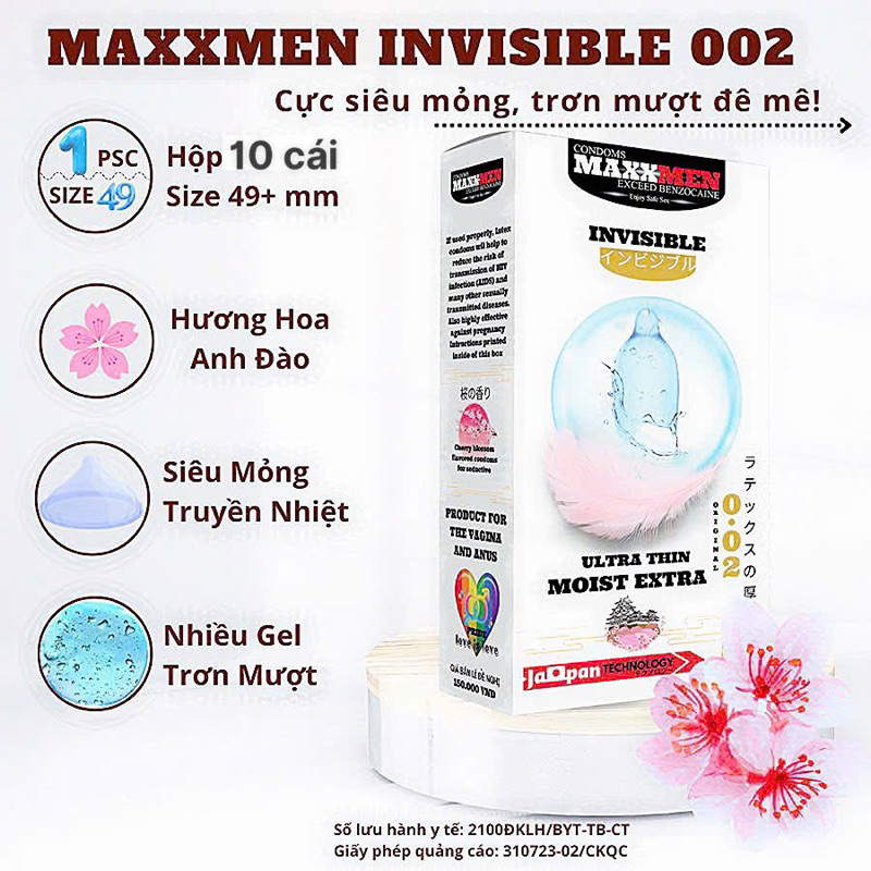 Bao cao su dành cho Gay MAXXMEN 5in1 INVISIBLE Siêu mỏng 0.02mm, Hương đào thơm mát, Nhiều gel ...