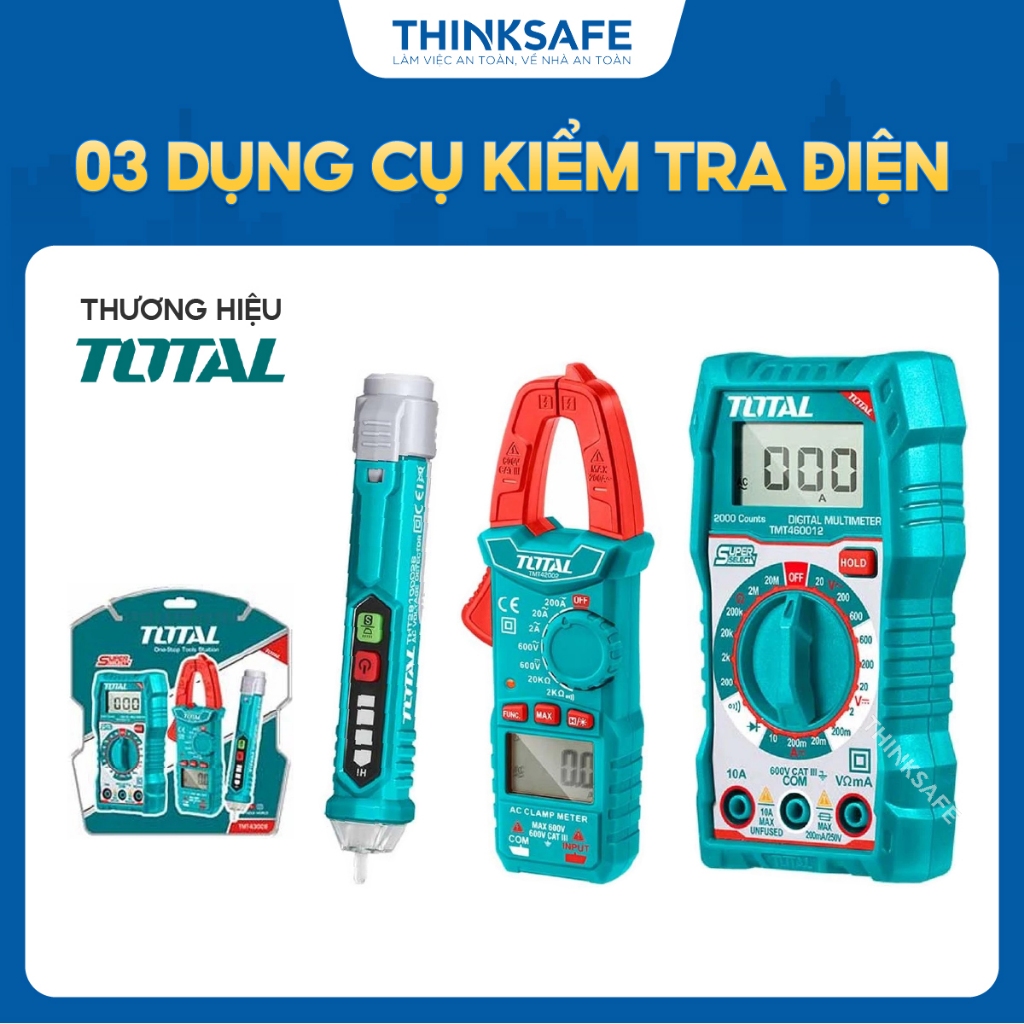 Bộ 3 dụng cụ kiểm tra điện TOTAL TMT43028 bao gồm ampe kìm đo điện, bút dò điện và đồng hồ vạn ...