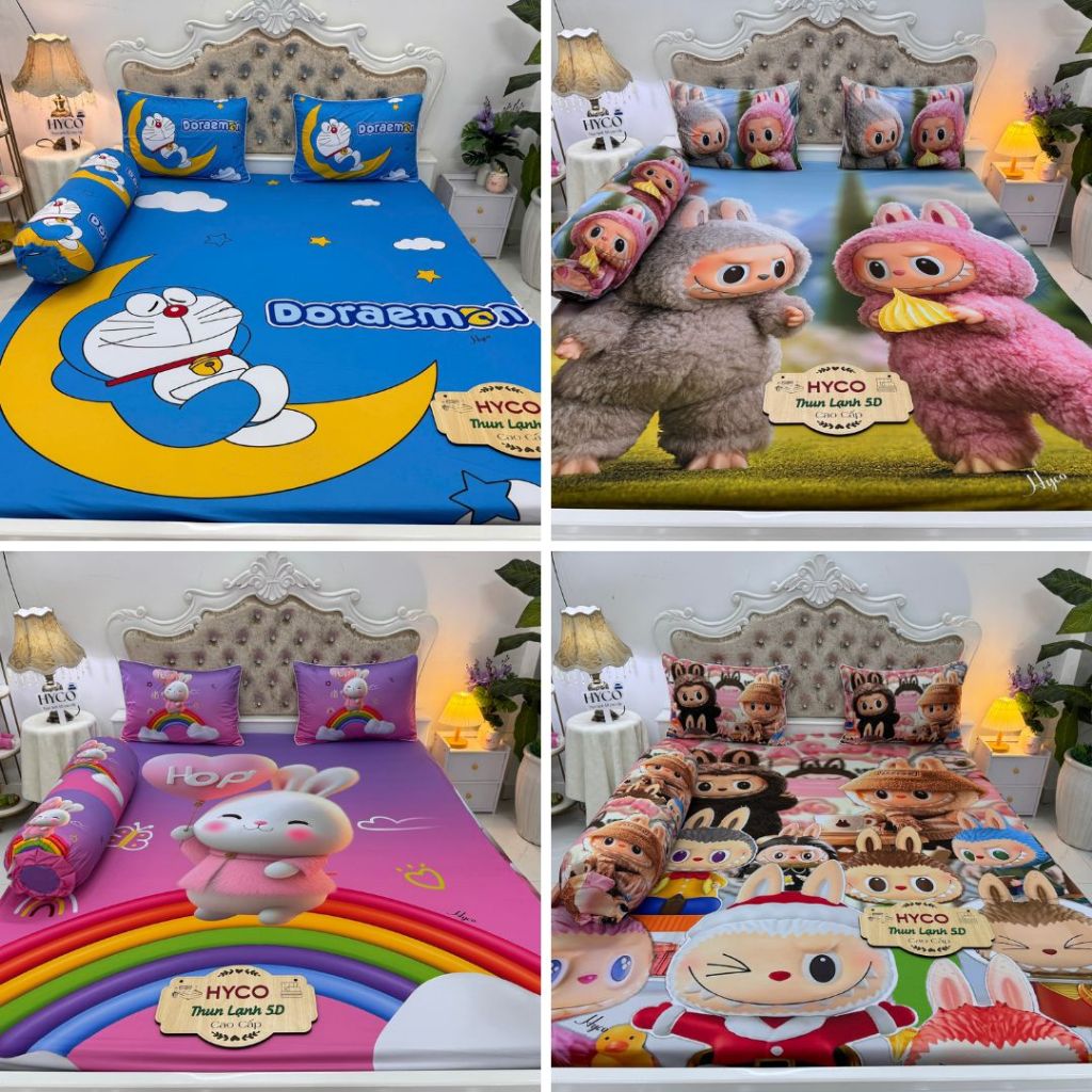 Mẫu THỎ, LABUBU, DOREAMON. Bộ ga giường thun lạnh Hyco (áo gối ôm khoá ...