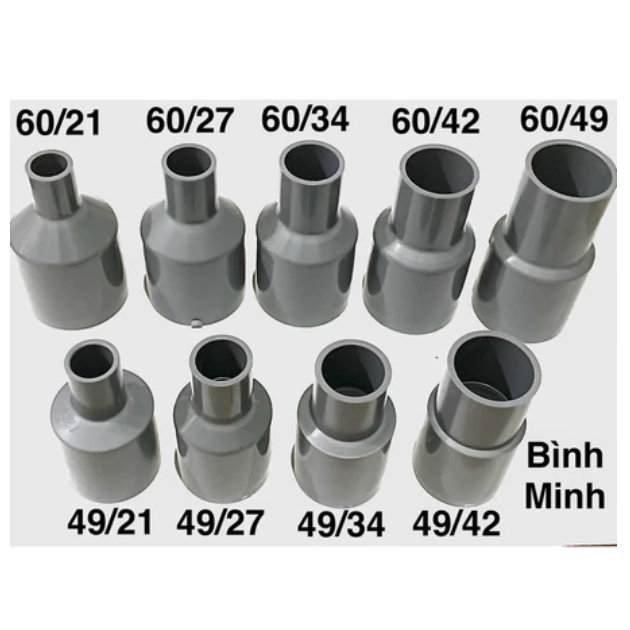 Nối giảm, côn thu PVC Bình Minh các loại 60/21, 60/27, 60/34, 90/34, 90 ...