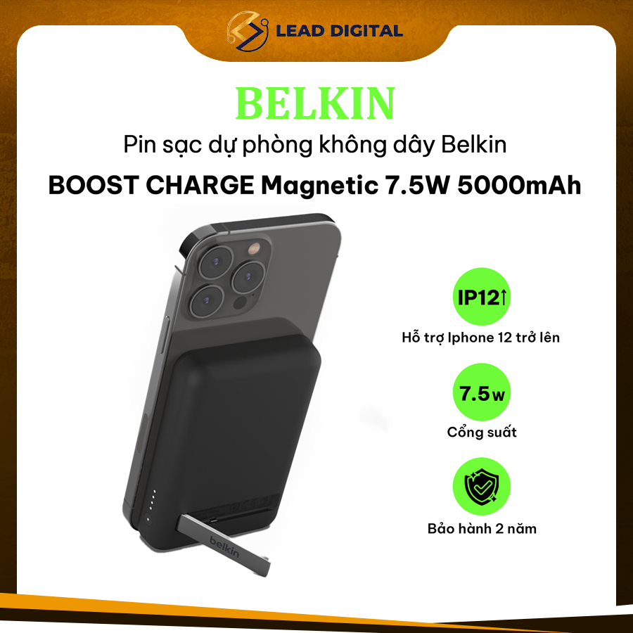 Pin sạc dự phòng không dây Belkin BOOSTCHARGE Magnetic 7.5W 5.000mAh có chân chống, cáp đi kèm C ...